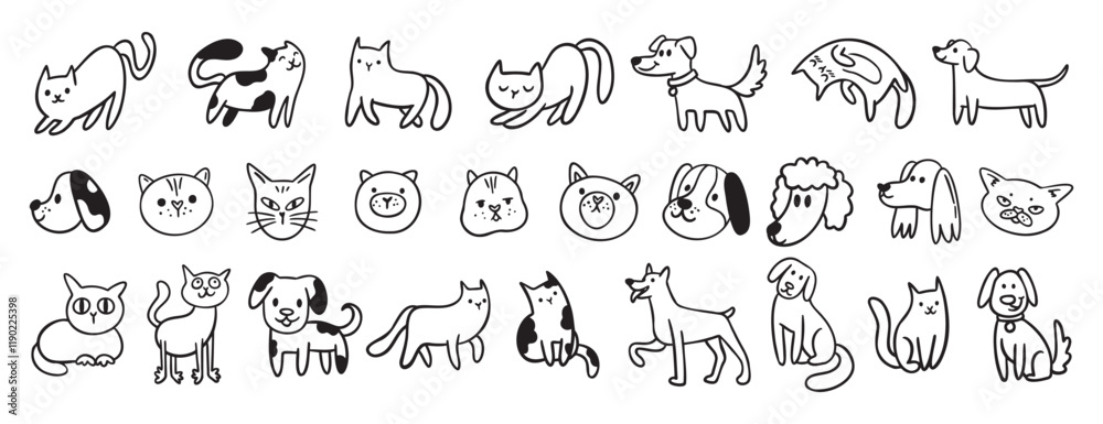 cute dogs and cats doodle hand drawn icon set. Sitting, standing ...