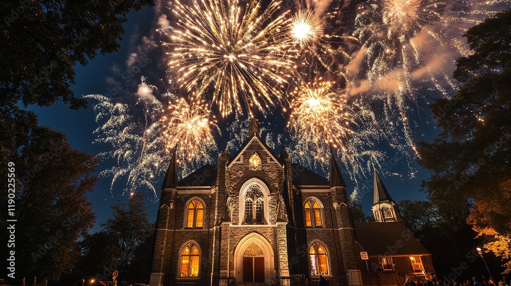 Bright fireworks over a historic building, marking a grand celebration ...