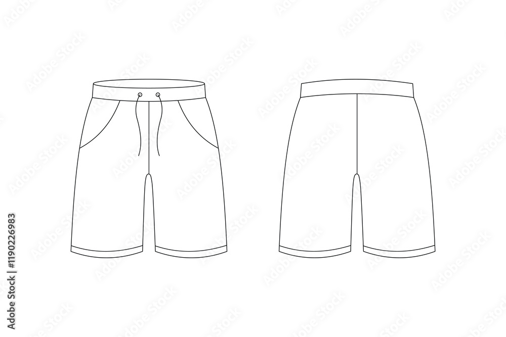 Flat sketch of basic shorts with waistband and pockets, front and back ...