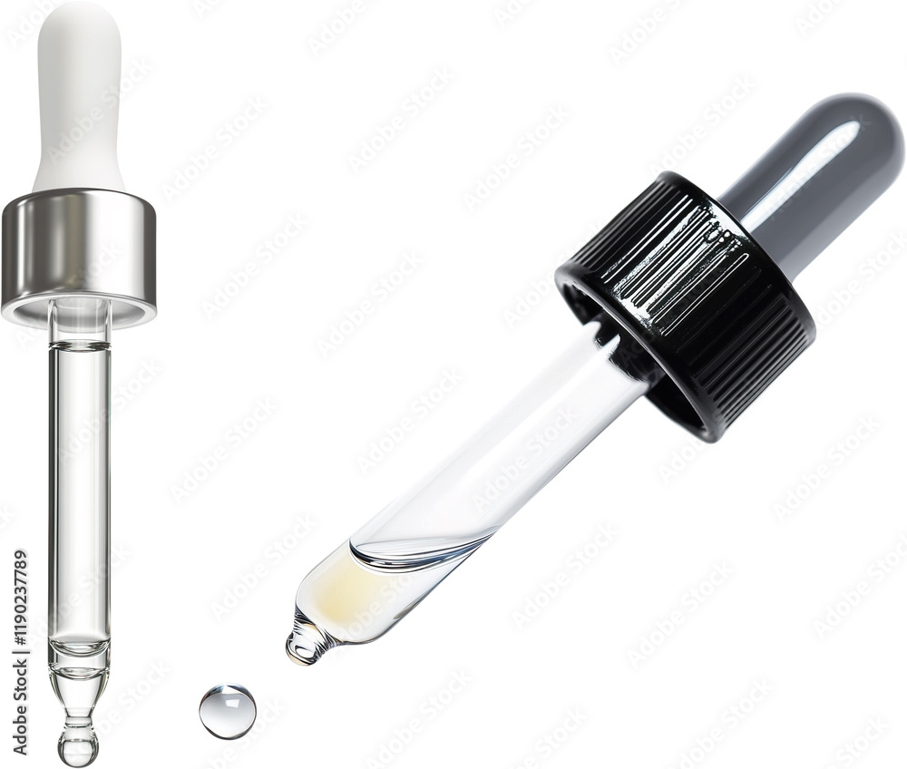 Dropper Bottles & Liquid, glass droppers isolated on transparent ...