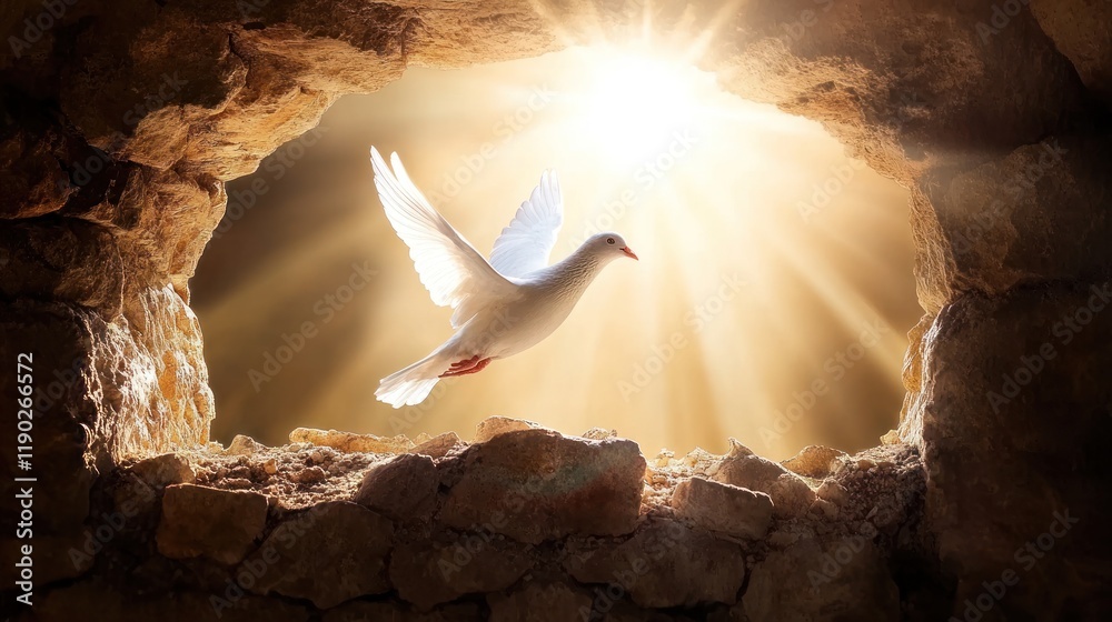 Resurrection Symbolism: White Dove Flying from Stone Tomb in Rays of ...