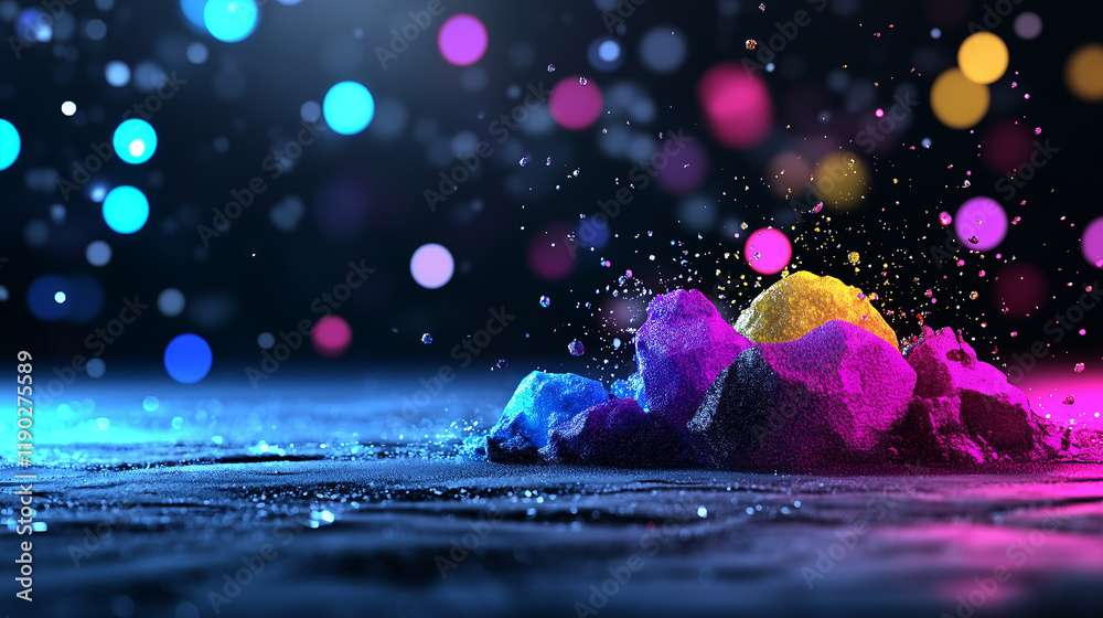 Blurred colorful light beams and iridescent sparkles on a dark ...