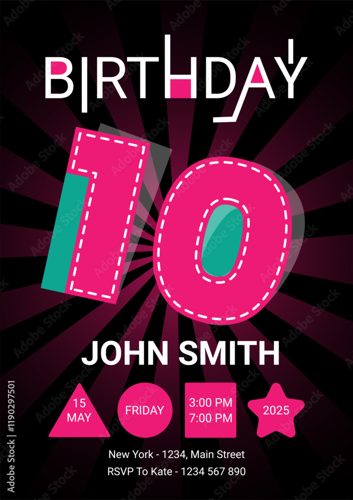 Game-Themed Birthday Invitation Card for 10th Birthday - Vector ...