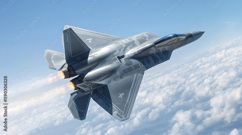 Futuristic sleek tail-less fighter jet soaring through the sky with ...