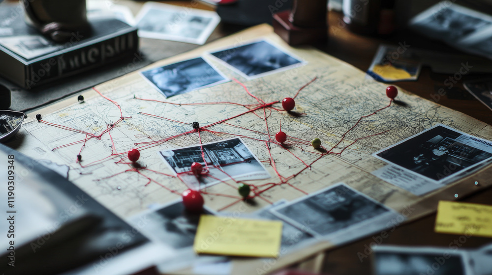 Crime board with pins and evidence connected with red thread, vector ...