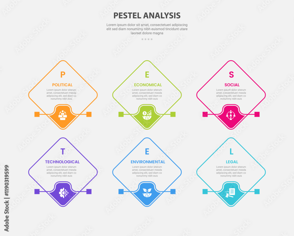 PESTEL analysis infographic outline style with 6 point template with ...