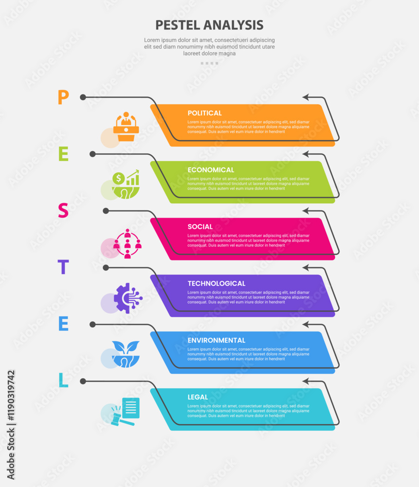 PESTEL analysis infographic outline style with 6 point template with ...
