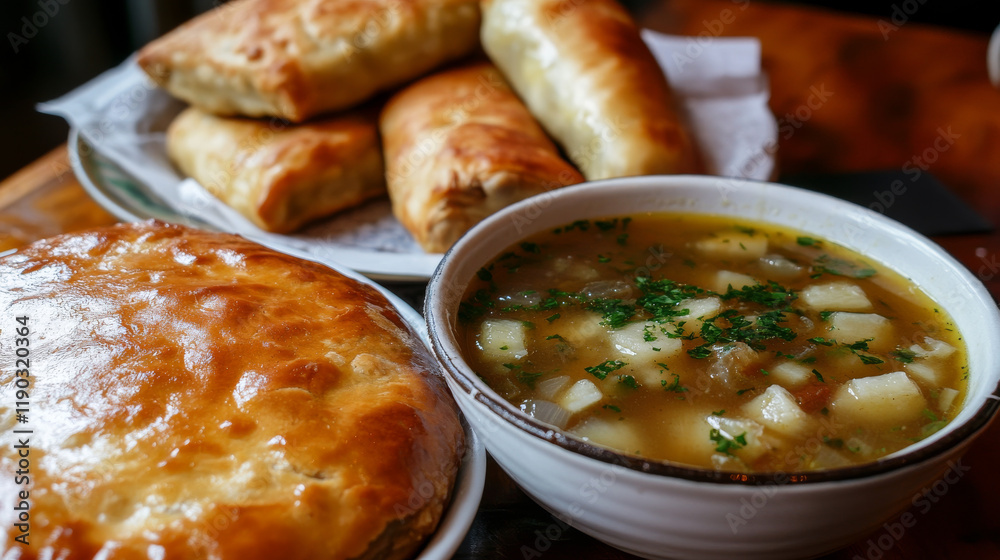 Russian cuisine menu page template. Meat pie Chebureki, jellied fish ...