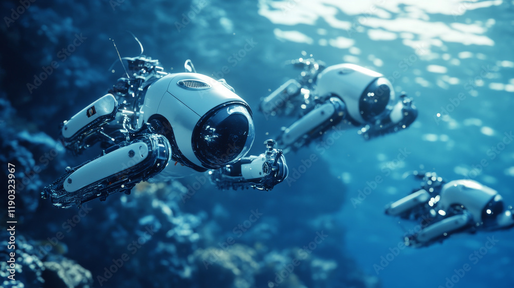 Underwater robot and ROV cartoon characters. Vector robot bathyscaphe ...