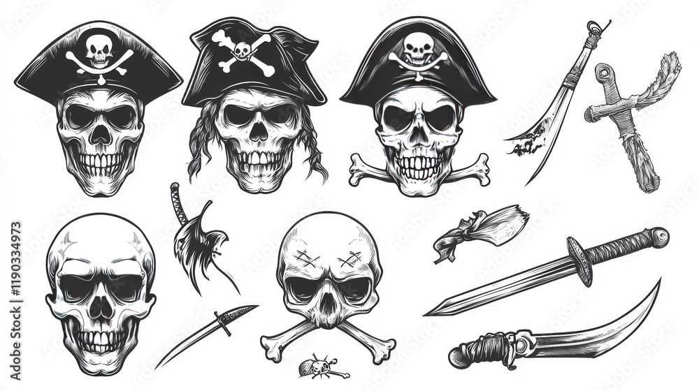 Pirate skull symbol set. Skull of pirate captain and sailor, wearing ...