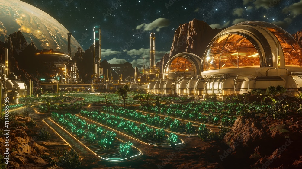 Futuristic Agricultural Colony on Alien Planet with Advanced Domes and ...