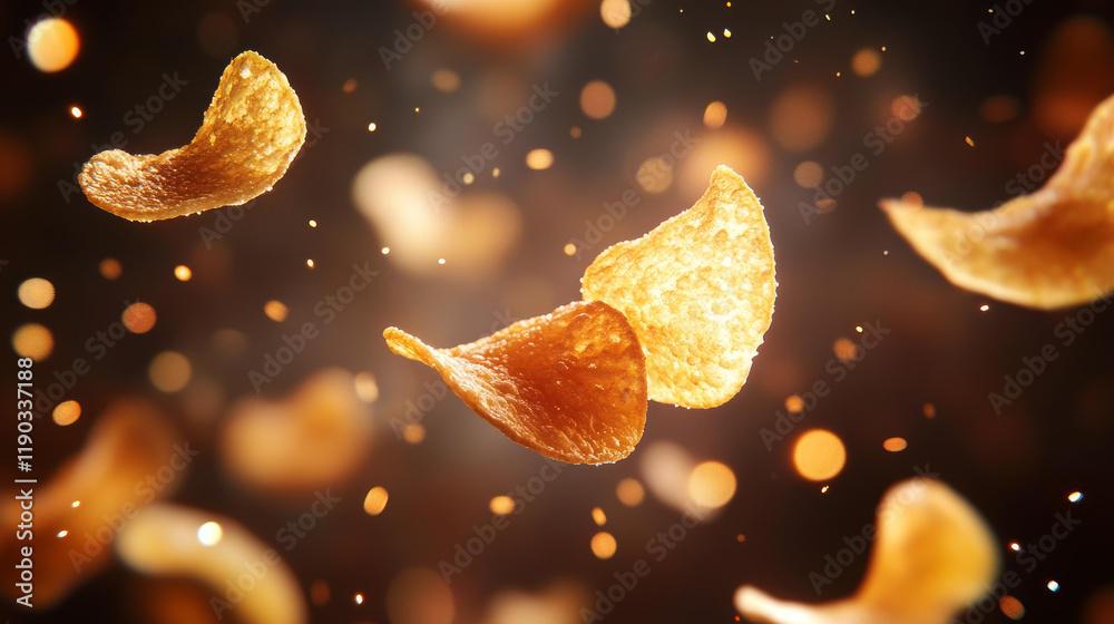 Flying and falling crispy ripple potato chips. Floating salty snack ...