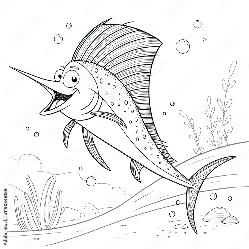 line black and white cartoon cute xiphias coloring page. Stock ...