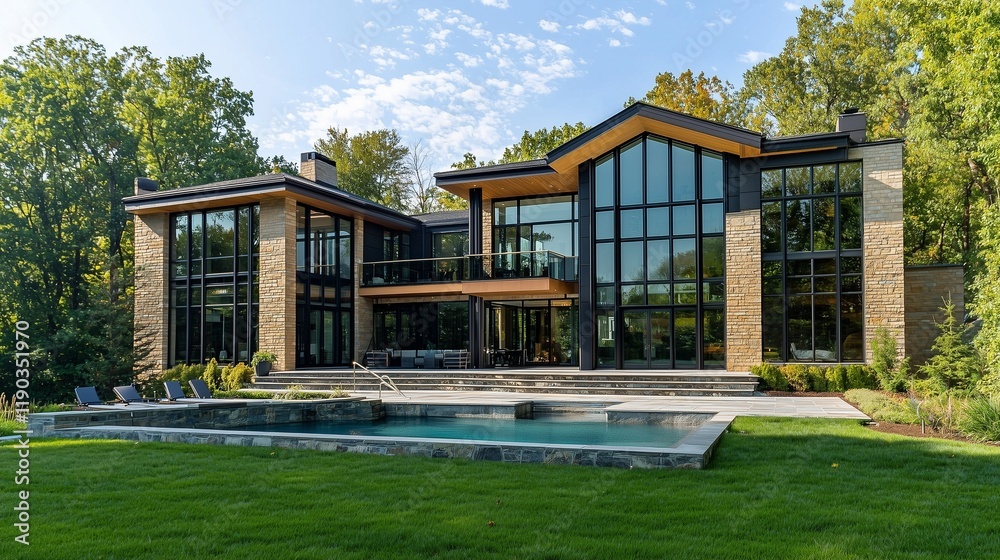 A high-end contemporary mansion featuring large windows, expansive ...