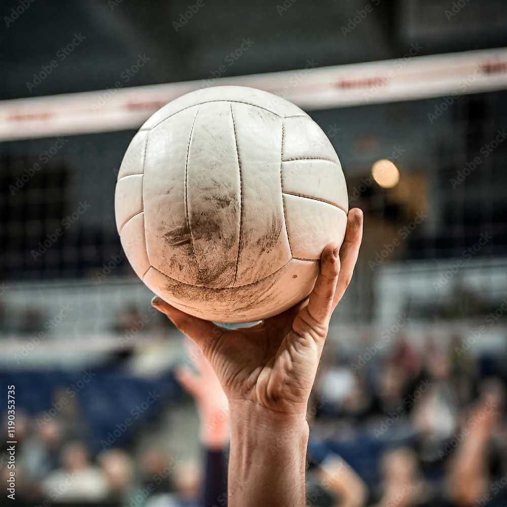 Volleyball player's hand lifts the classic white volleyball to the ...