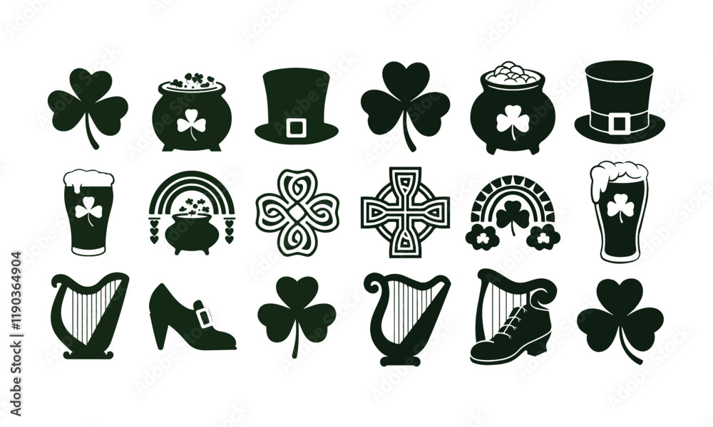 St. Patrick's Day Icon Set - Shamrocks, Leprechaun, Harp, Beer ...