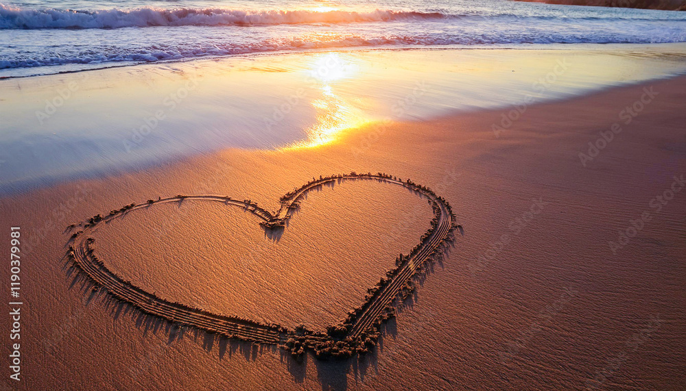 Un corazon dibujado en la arena en la orilla de una playa al atardecer ...