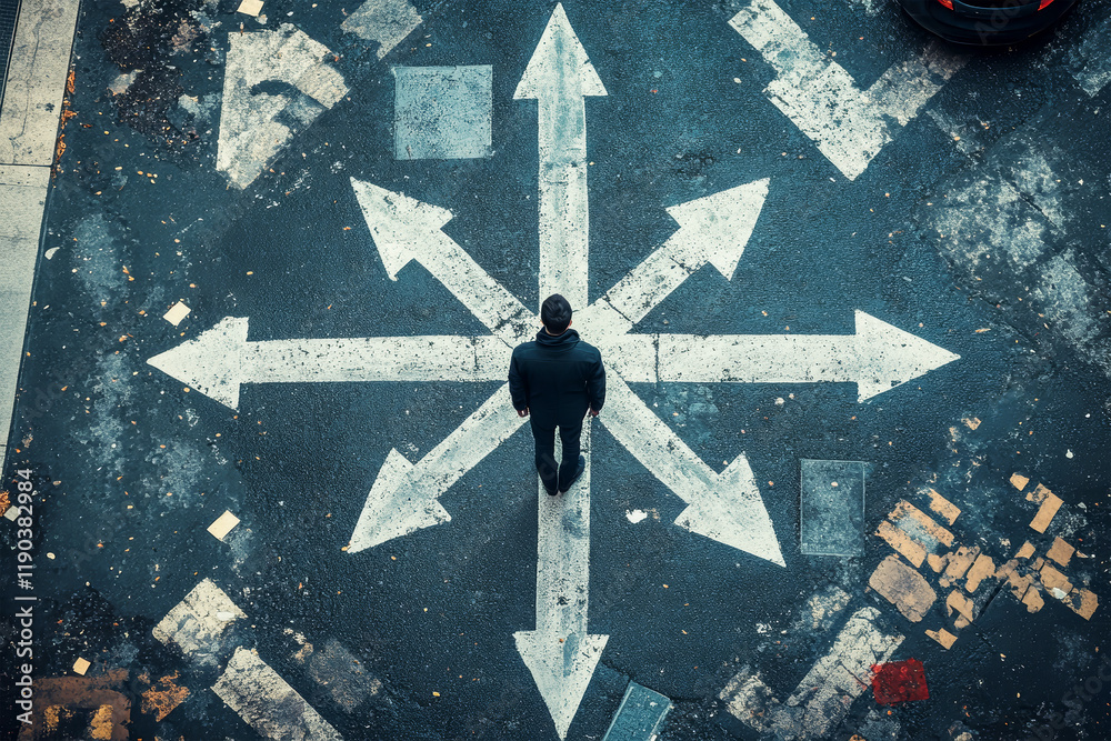 Navigating choices at a bustling crossroad with arrows pointing in all ...
