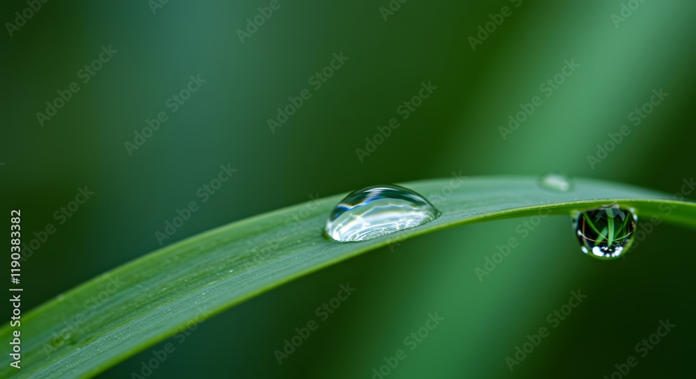 Macro water droplet on grass blade in nature conservation concept ...