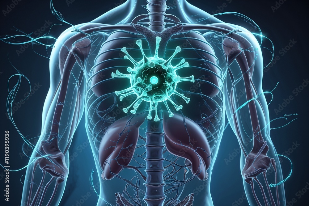 Anatomical illustration of a transparent human body with glowing virus ...