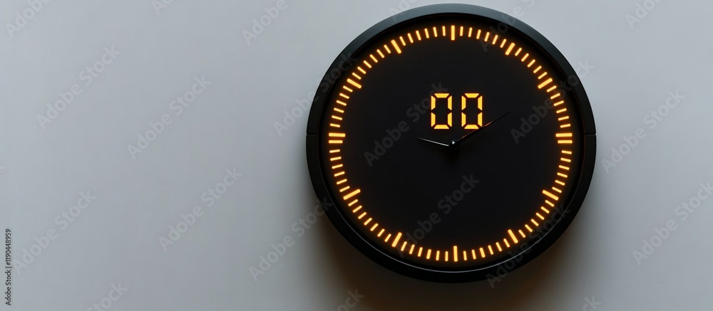 Black clock with orange digital display showing 0000 on a white wall ...