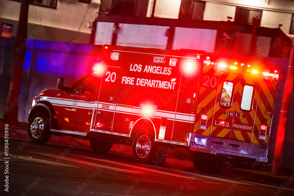 Los Angeles Fire Department paramedic vehicle with flashing red lights ...