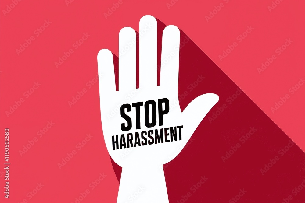 Silhouette of a hand with 'Stop Harassment' text on a bold red background. Stock Photo | Adobe Stock