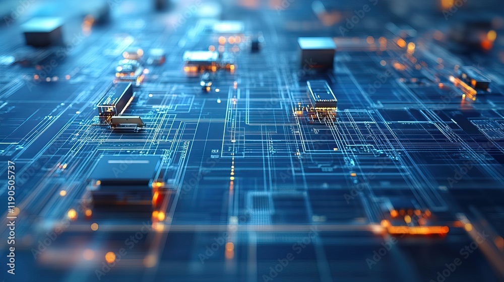 An intricate electro engineering blueprint displays a network of grid ...