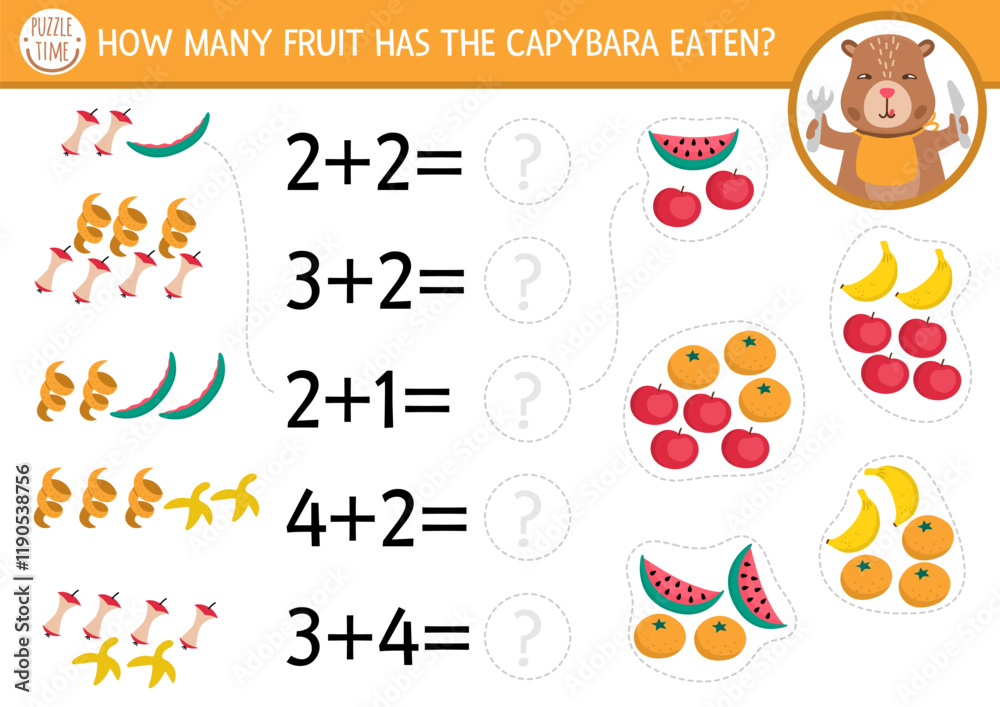 How many fruit game with cute capybara. Capibara math addition activity ...