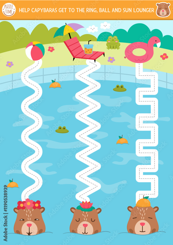 Vector handwriting practice worksheet with capybara in swimming pool ...