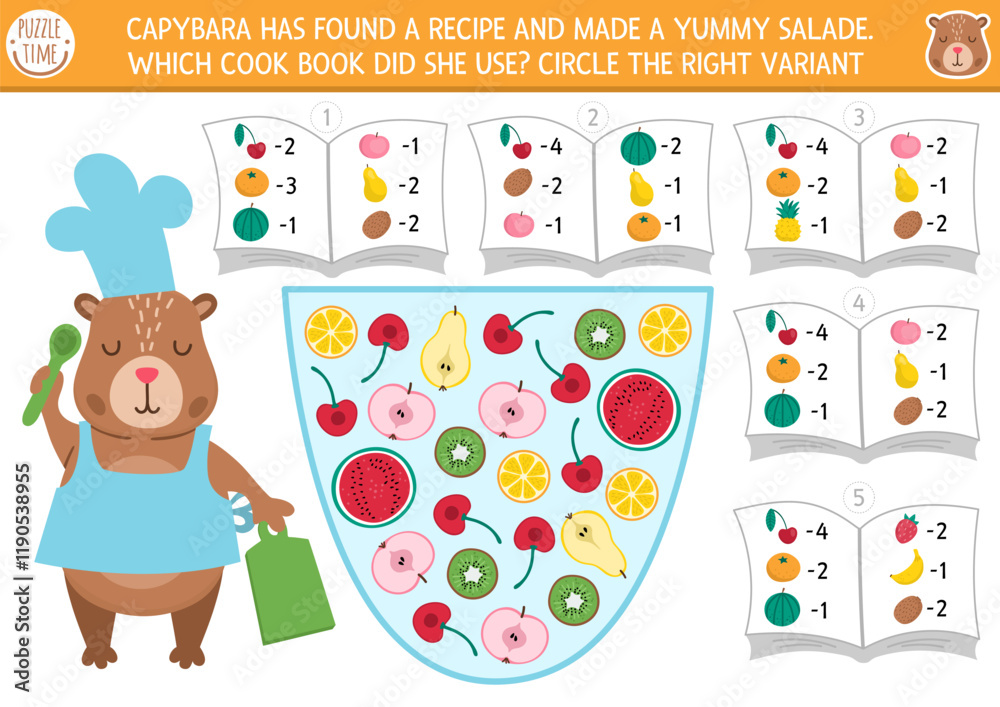 Capybara matching game with fruit salad recipe and cook books. Math and ...