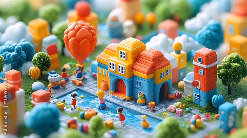 Isometric 3D render vector of kids playing with toys on a cheerful ...