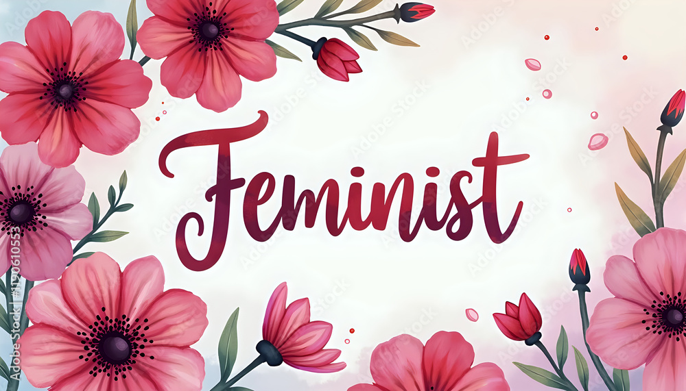 Feminist Script Typography with Pink Floral Border on Pastel Background ...