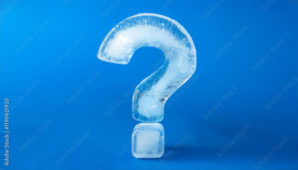 Question mark made of ice. FAQ and QA. Problem solution. Blue backdrop ...