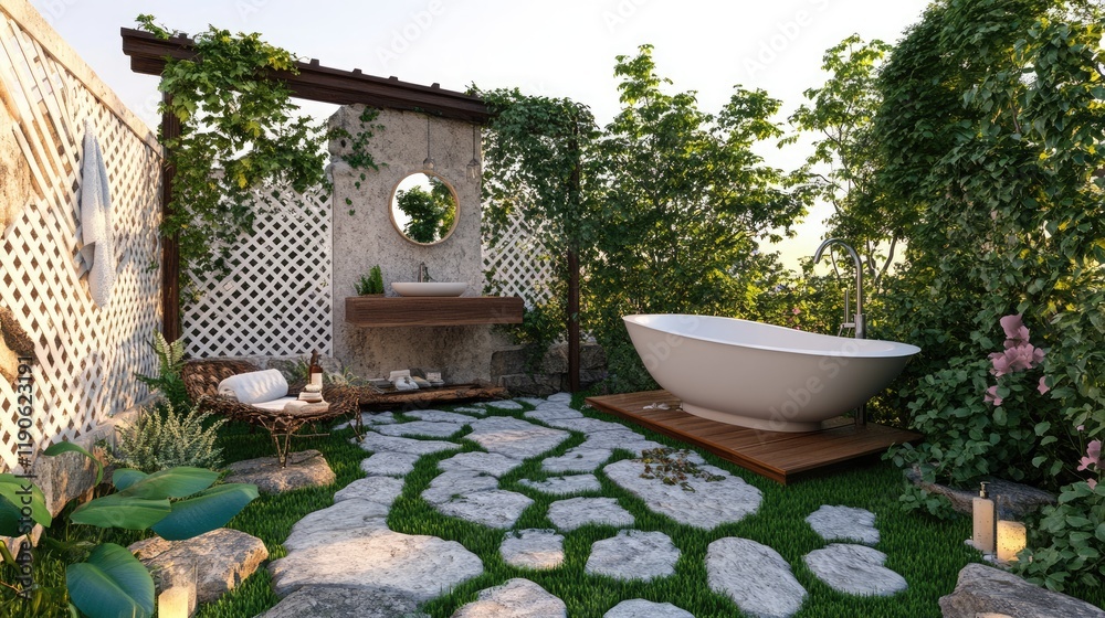 Luxurious open-air bathroom with a white lattice fence, stone pathways ...