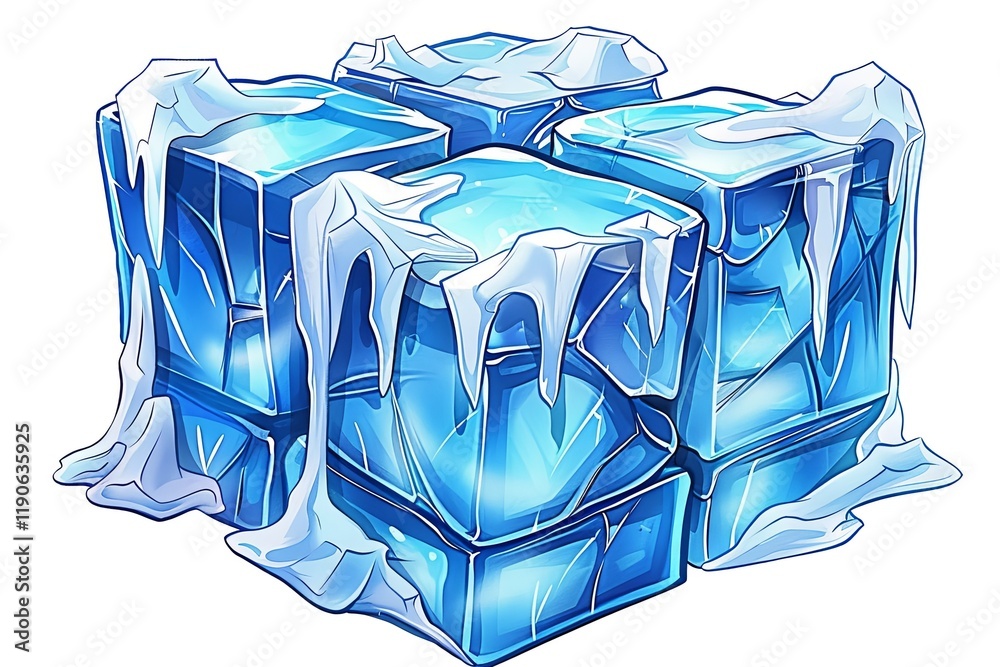 Melting ice cubes with dripping water. Hand-drawn digital illustration ...