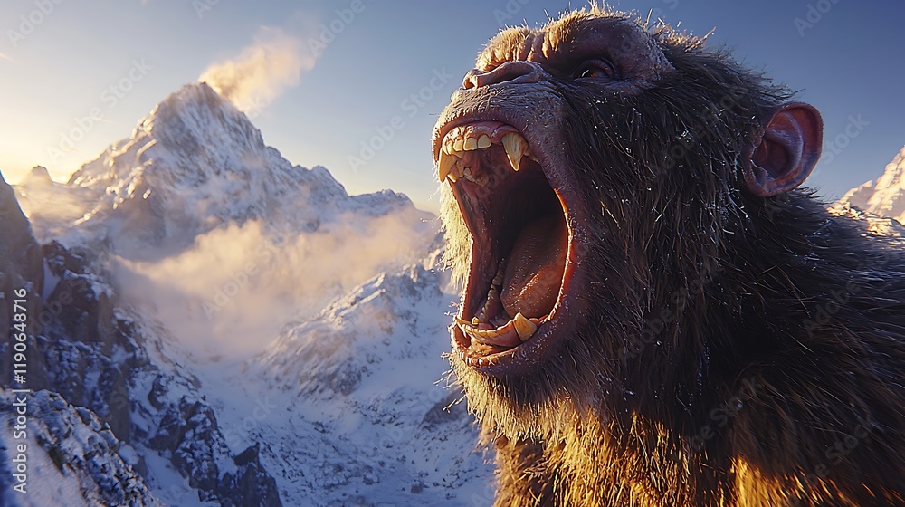 Angry ape roars, Himalayan sunrise, snowy peaks. Concept art for film ...