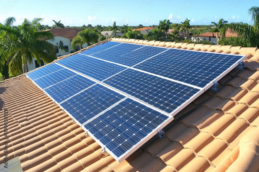 Vast solar panel farm producing renewable energy under a clear blue sky ...