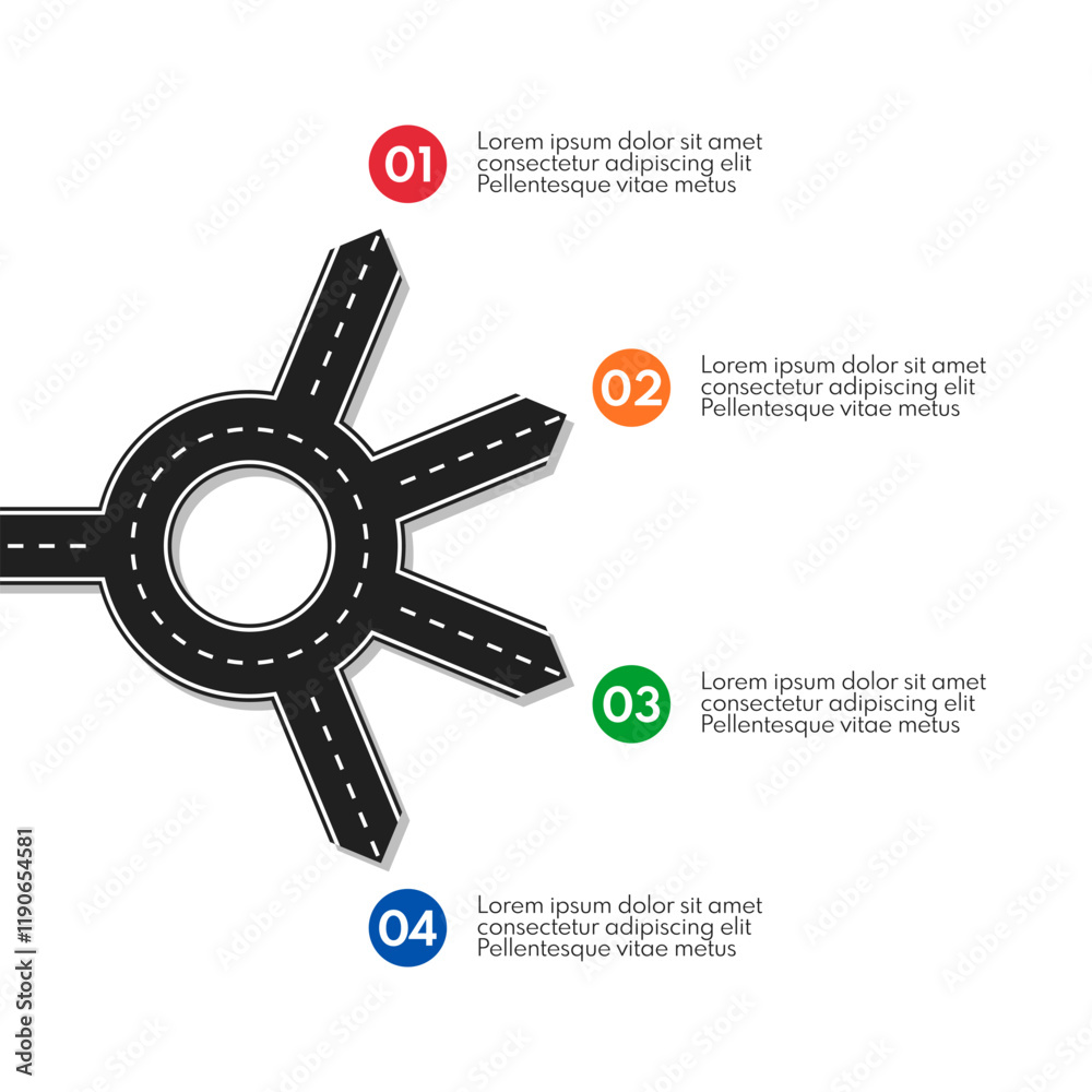road line with ring crossroad and 4 different exits, vector ...
