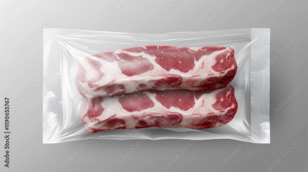 Supermarket display of vacuum-packed raw beef short ribs in a clear ...