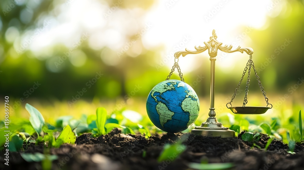 Global Sustainability: Earth Globe Balanced on Scales in Lush Green ...