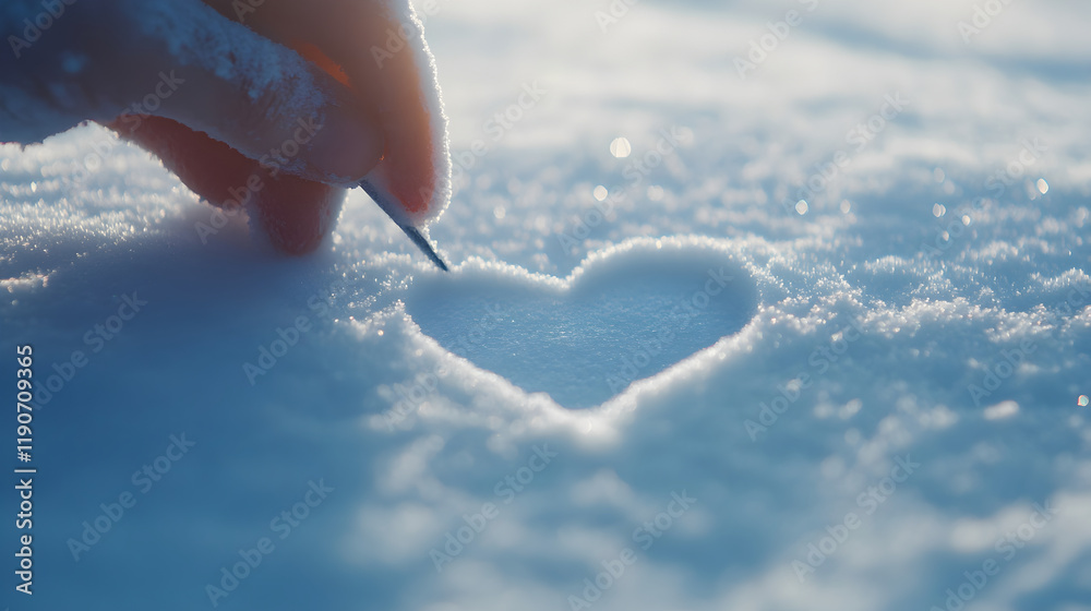 Romantic Valentine’s Heart Carved in Glittering Snow under Soft Winter ...