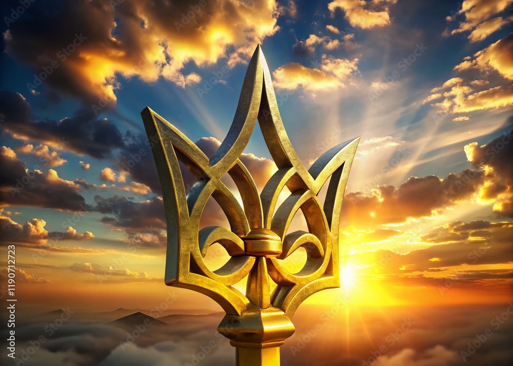 Panoramic 3D Render of Golden Ukrainian Trident Symbol, Majestic National Emblem Stock ...