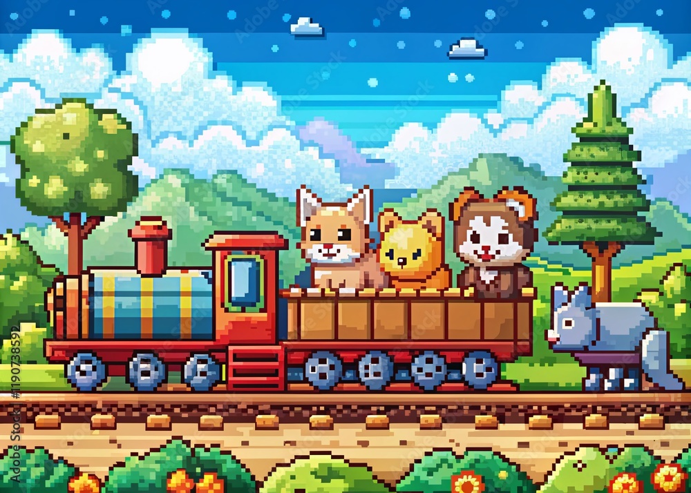 Pixel Art Pet Train Journey: Adorable Animals on a Scenic Railroad ...