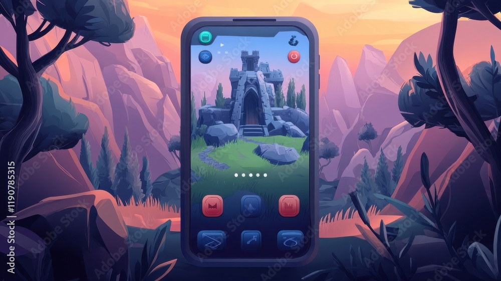 A flat design of a mobile game UI with consistent button sizes and line ...