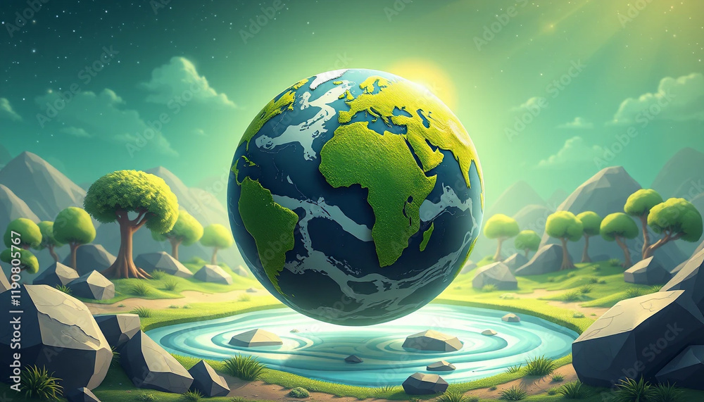 Vibrant, detailed 4K cartoon illustration of a green Earth with eco ...