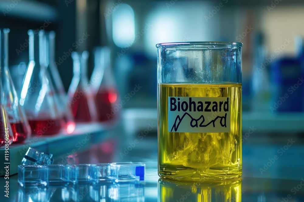 Toxic biohazard alert leaking container in laboratory setting ...