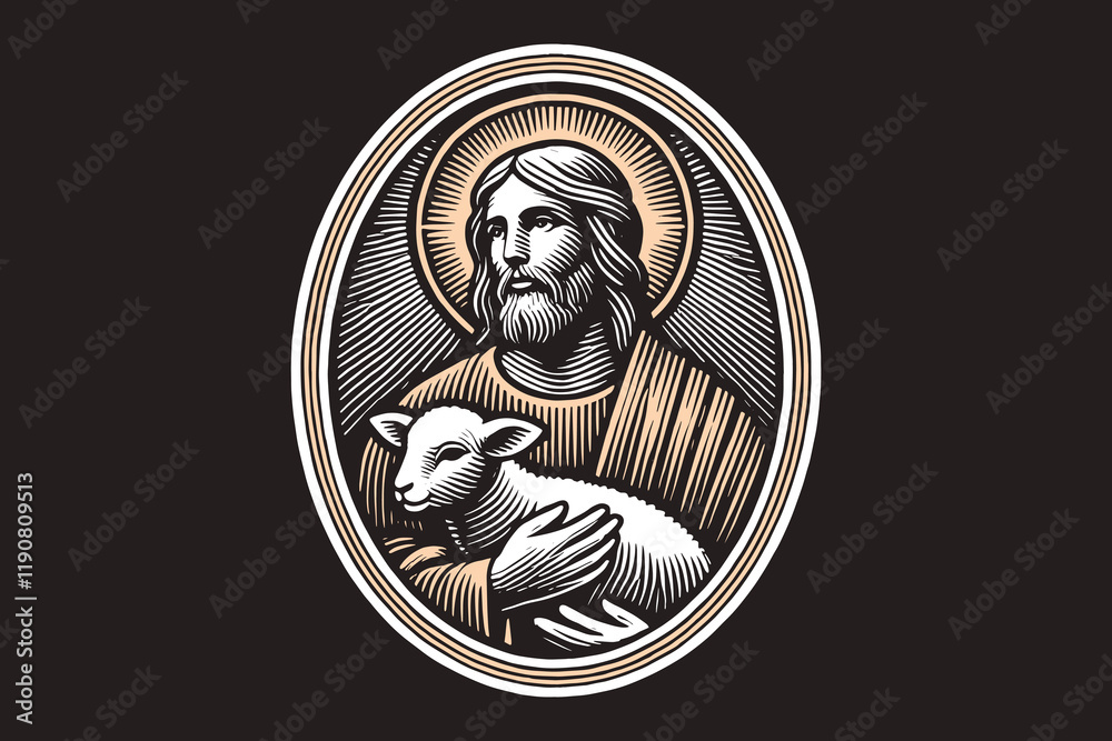 Antique style oval emblem of Jesus with a lamb, black and white ...