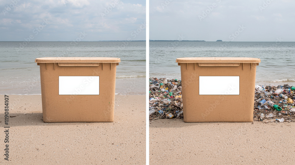 Trash on Beaches and Grand Ocean Pollution Concept, split screen image ...