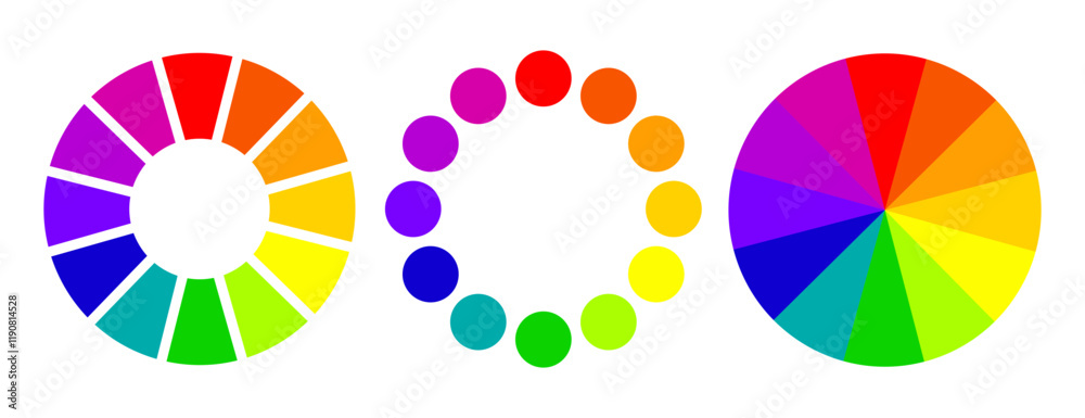 Color wheel vector set. Color wheel guide chart. RGB and CMYK colors ...